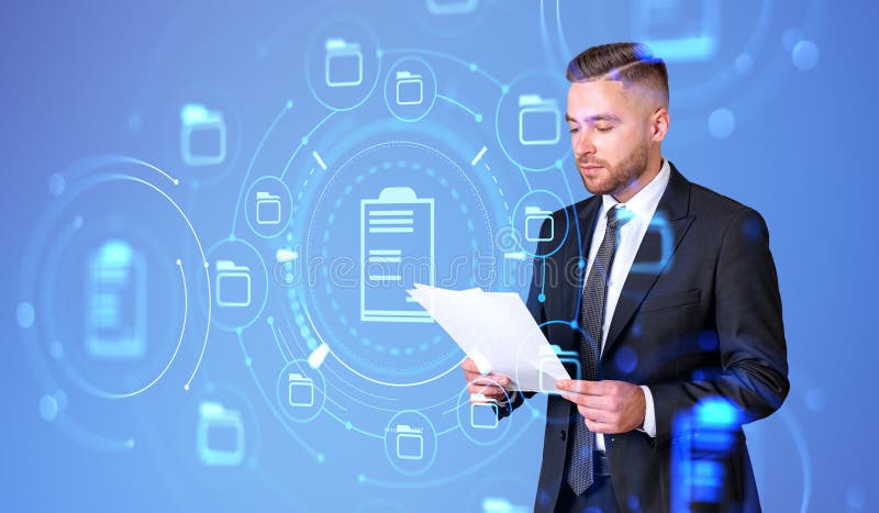 Businessman Looking at Documents in Hand, Document Management Sy Stock ...