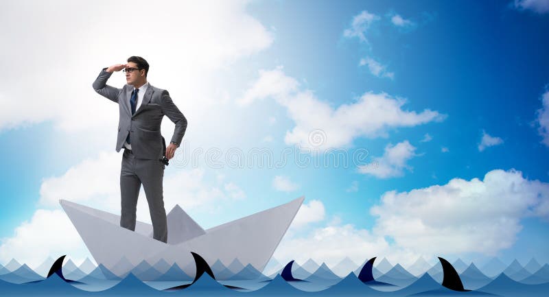 Businessman Looking into Future with Binoculars in Paper Ship Bo Stock ...