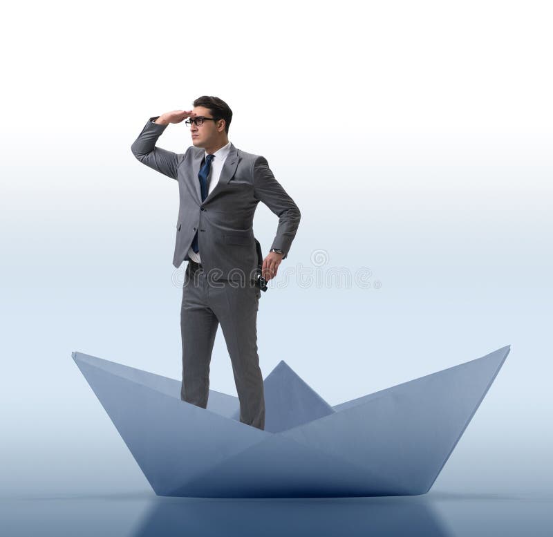 Businessman Looking into Future with Binoculars in Paper Ship Bo Stock ...