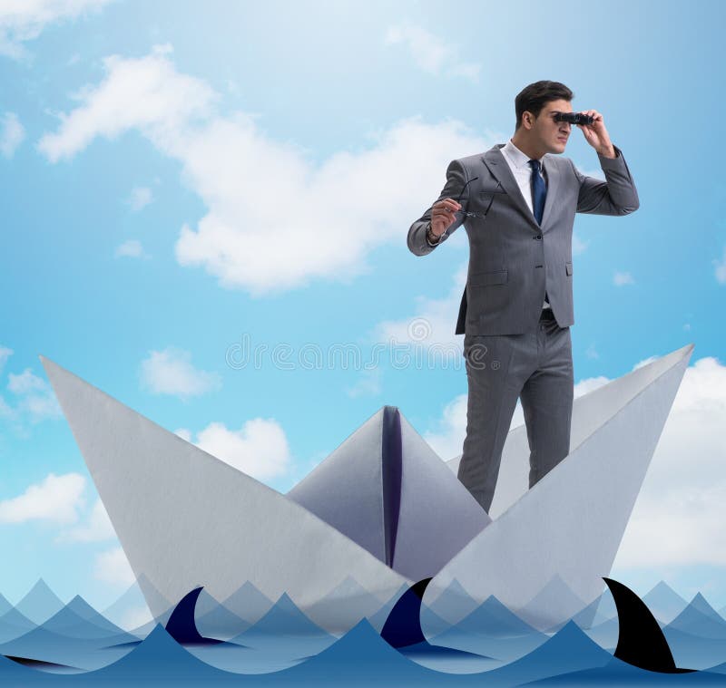 Businessman Looking into Future with Binoculars in Paper Ship Bo Stock ...