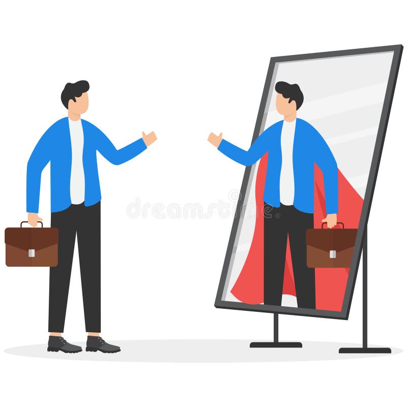 Businessman Looking at His Strong Ideal Self Superhero Reflection ...