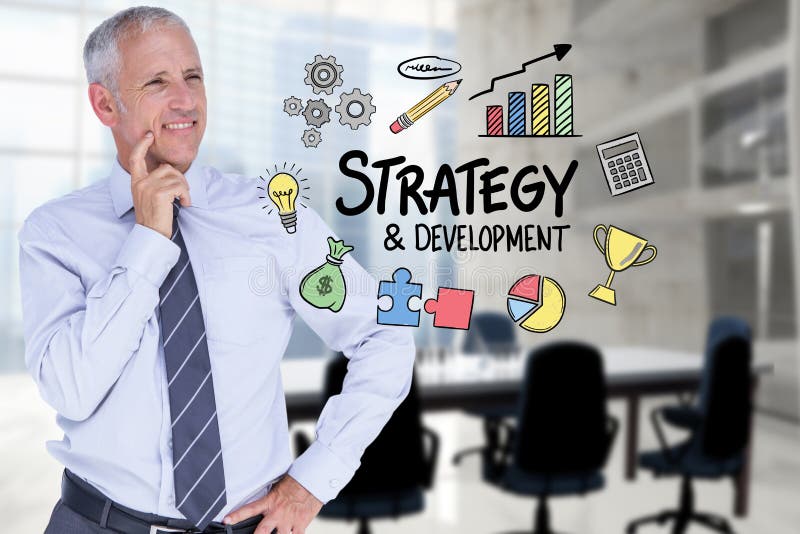 Businessman Looking at Strategy and Development Text Surrounded by ...