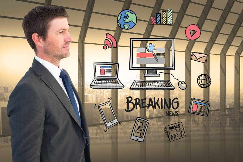 Businessman Looking at Various Icons Surrounding Computer and Breaking ...