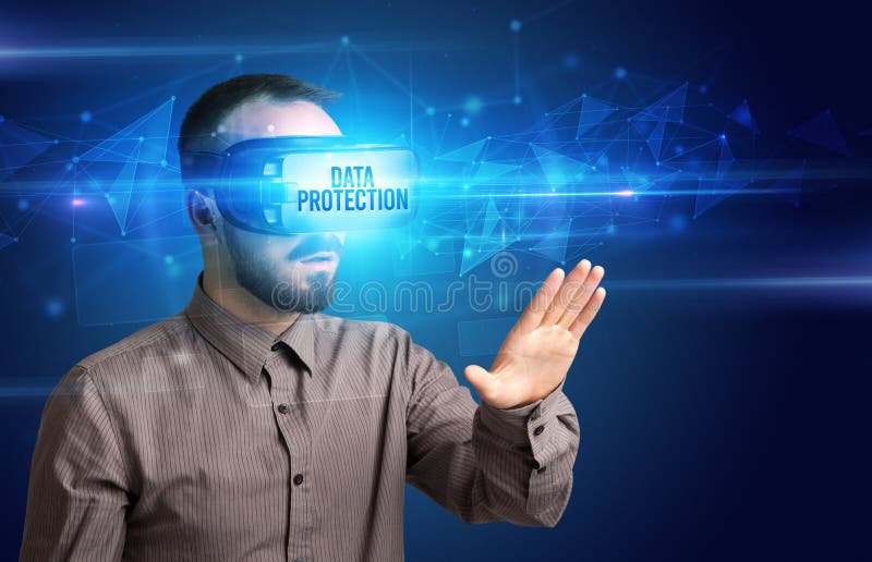 Businessman Looking through Virtual Reality Glasses, Virtual Security ...