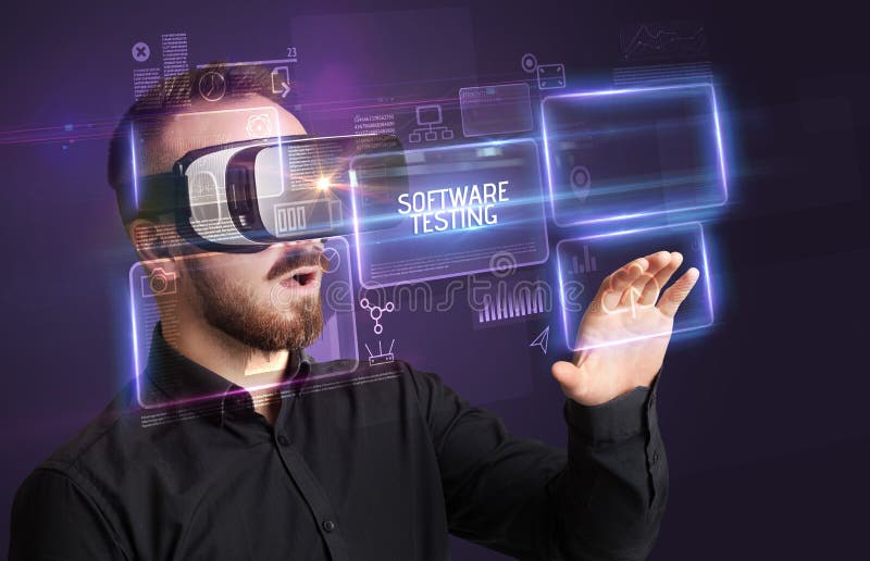 Businessman Looking through Virtual Reality Glasses, Tech Concept Stock ...