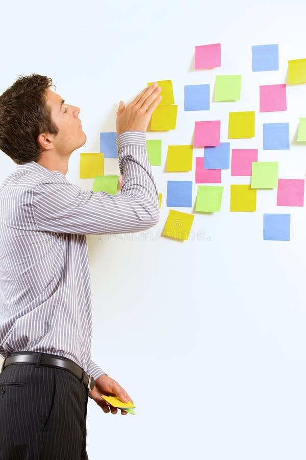 Businessman Looking Wall Sticky Notes Hands Behind Head Stock Photos ...