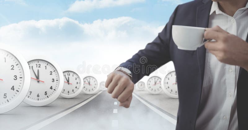 Businessman Looking at Watch with Time Clocks on Surreal Road Stock ...