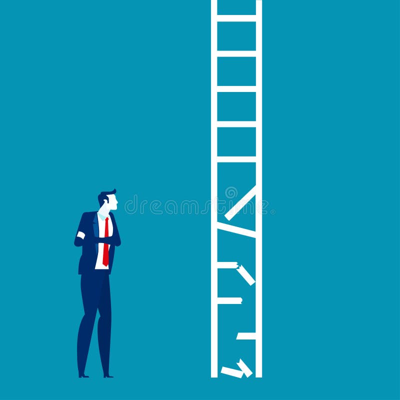 Businessman Looks At A Broken Ladder On A Blue Background. Vector ...