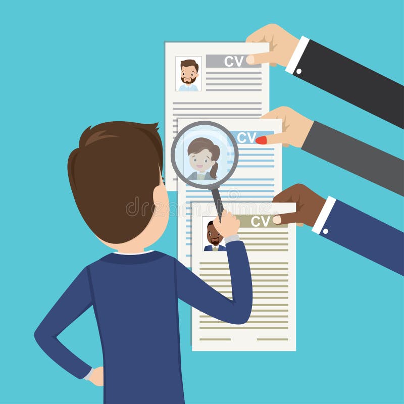 Businessman Looks At A Resume Page Through A Magnifying Glass Stock