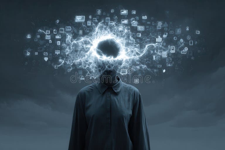 Businessman Losing Mind with Glowing Hole and Digital Icons ...