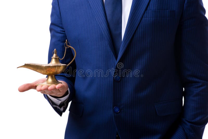 The Businessman with Magic Lamp Isolated on White Stock Image - Image ...