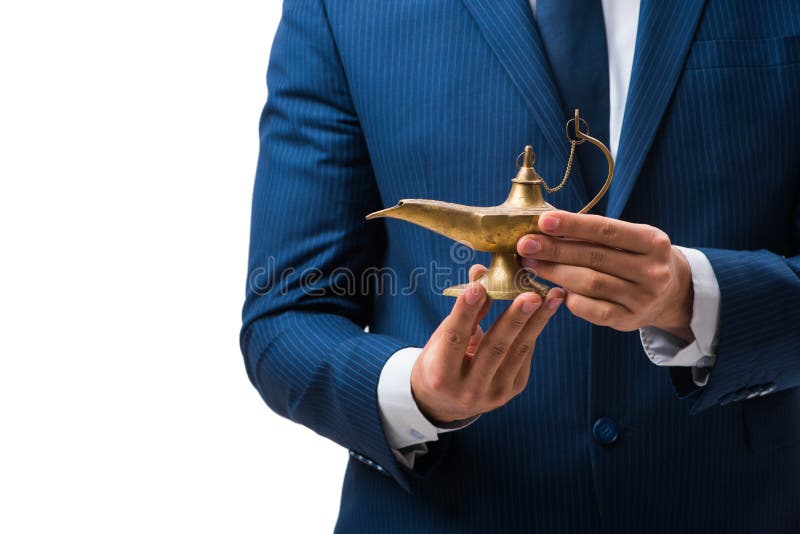 The Businessman with Magic Lamp on White Stock Image - Image of boss ...