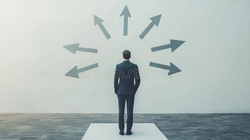 Businessman Making Decisions in Front of a Wall Filled with Directional ...