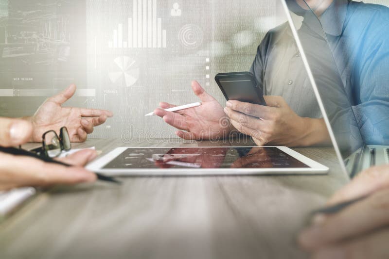Businessman Making Presentation with His Colleagues and Business Stock ...