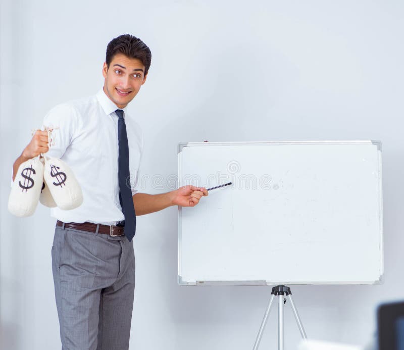 Businessman Making Presentation with Money Sacks Stock Image - Image of ...