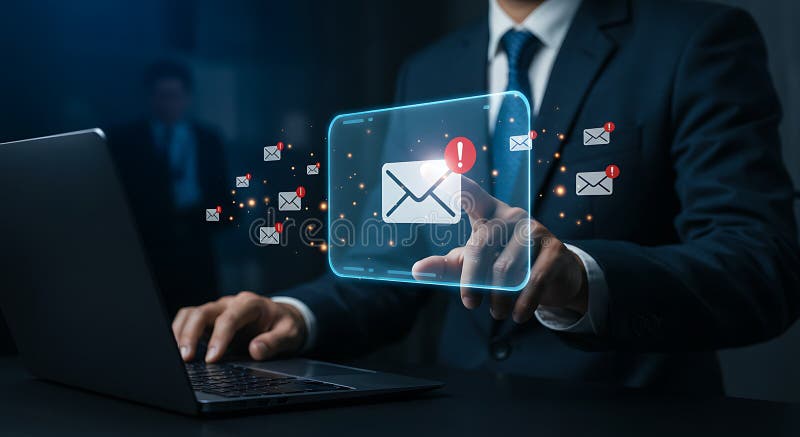 Businessman Manages Email Inbox Using Laptop and Digital Interface ...