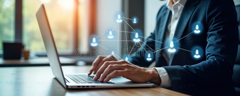 Businessman Manages Global Network. Pro Uses Laptop in Office. Global ...