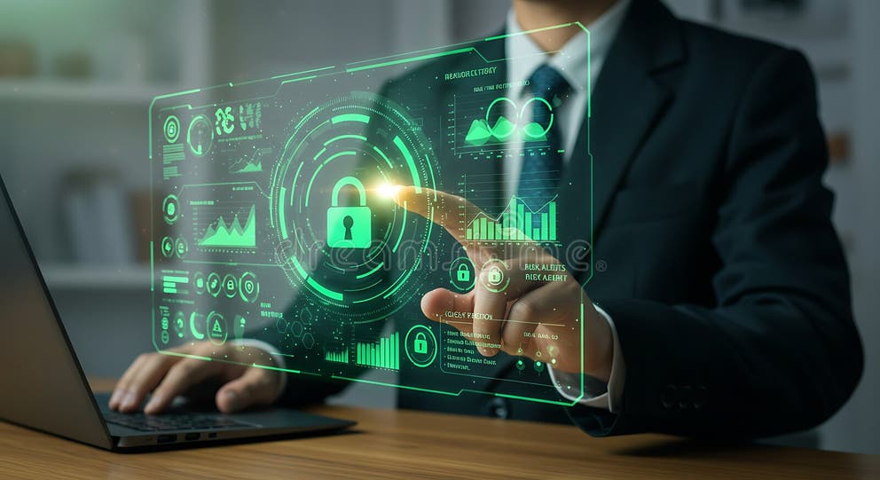 Businessman Managing Cyber Security with Advanced Technology and ...