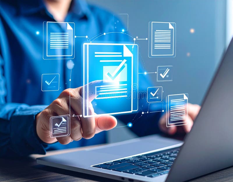 Businessman Managing Digital Compliance Workflow with Approved Marks ...