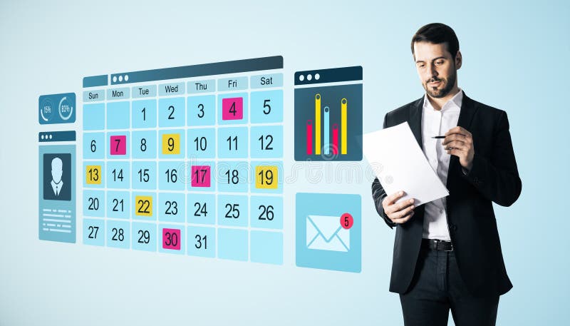 Businessman Managing Schedule on Digital Calendar Interface Stock Photo ...