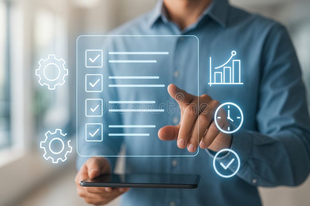 Businessman Managing Task List and Performance Icons through Digital ...