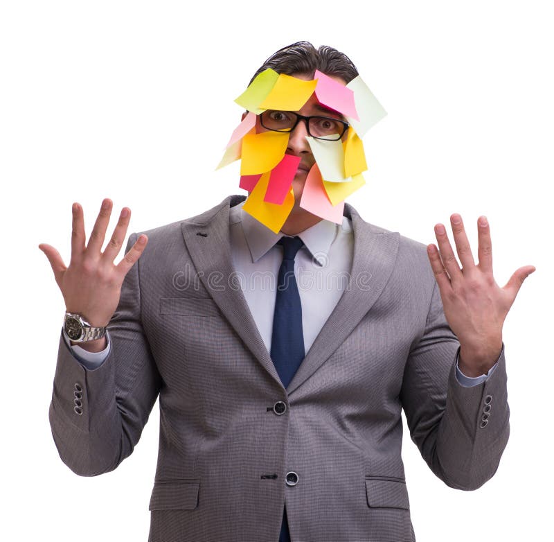 Businessman with Many Reminders Isolated on White Stock Photo - Image ...