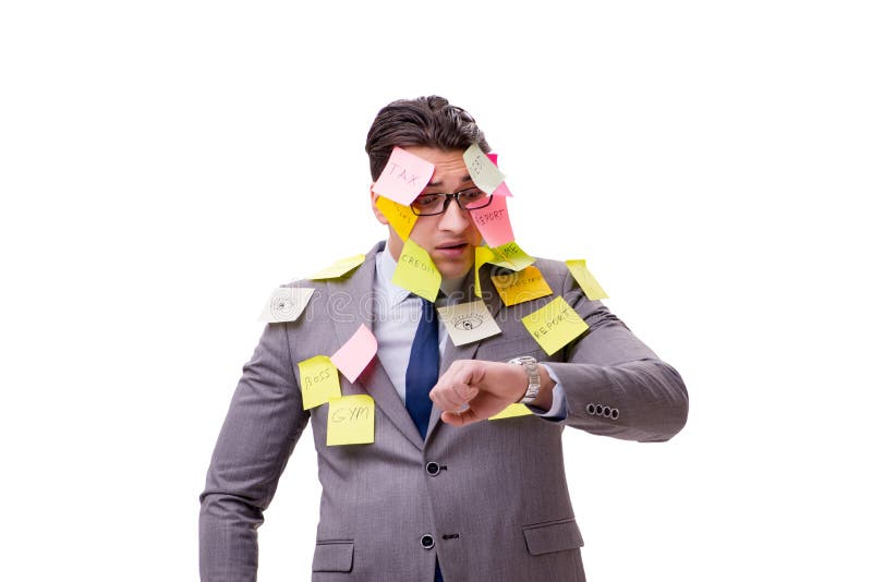 The Businessman with Many Reminders Isolated on White Stock Image ...