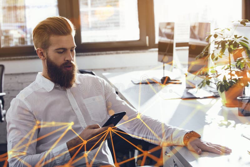 Businessman Touching Cellphone in Office during Work Stock Photo ...