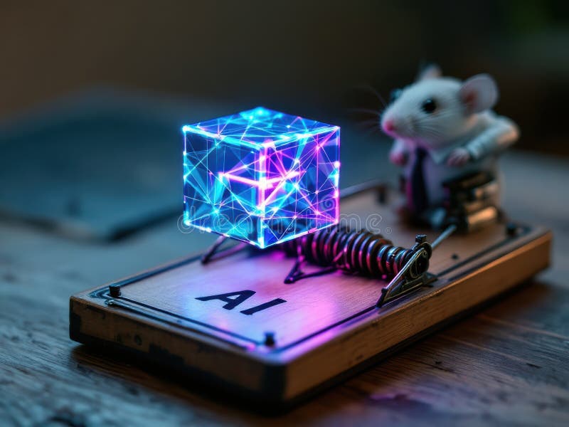 Businessman Mouse Looking at Artificial Intelligence Cube in Mousetrap ...