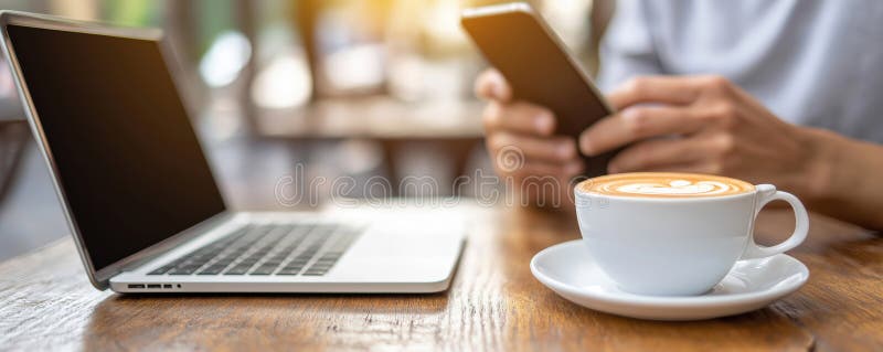 Businessman Multitasks with a Smartphone, Latte, and Laptop in a Cafe ...