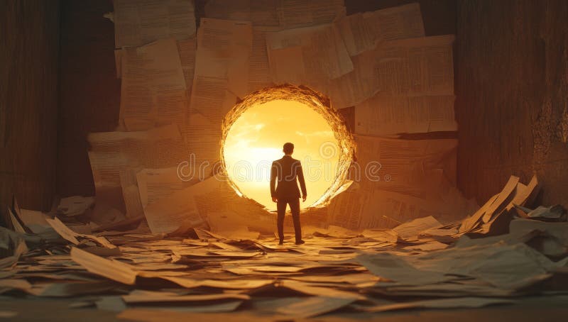 A Businessman Navigating through a Cluttered Office, Approaching a ...