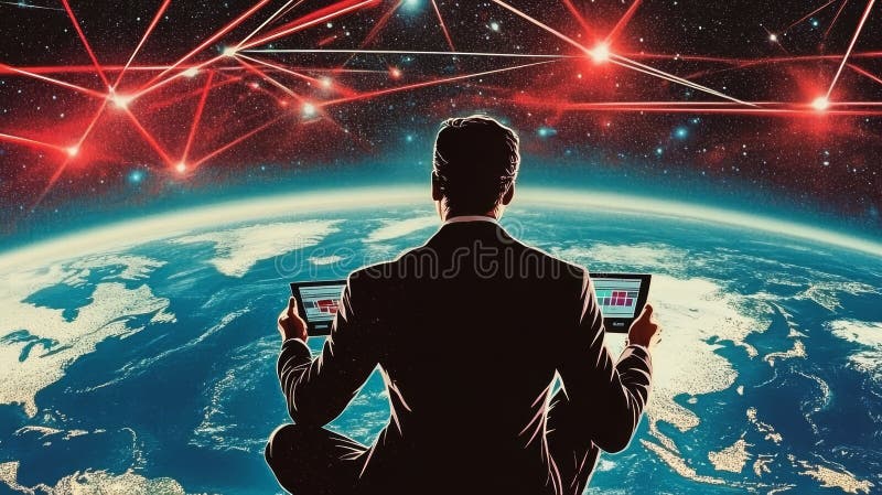 Businessman Navigating Digital Networks from Space Stock Illustration ...
