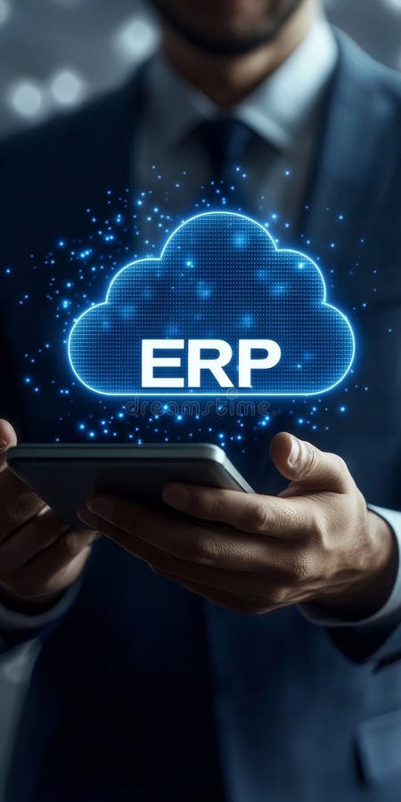 Businessman Navigating Enterprise Resource Planning Software in the Cloud, ERP Concept Stock ...