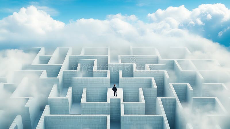 Businessman Navigating Maze in Search of Solutions Under Bright Blue ...