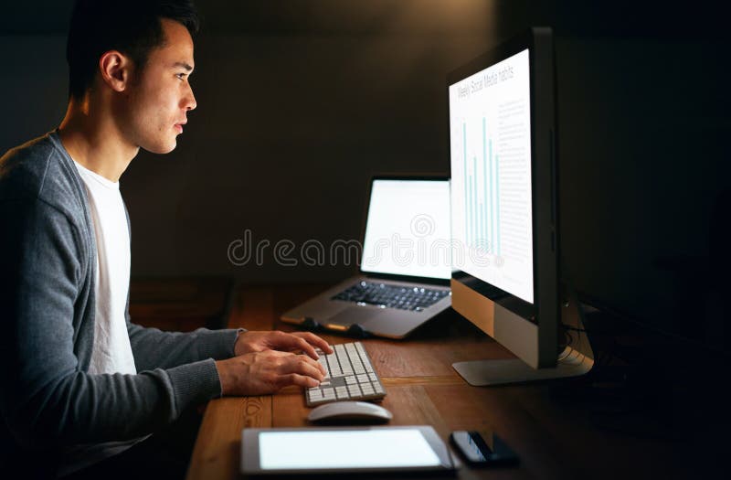 Businessman, Night and Computer in Office with Analytics Screen for ...