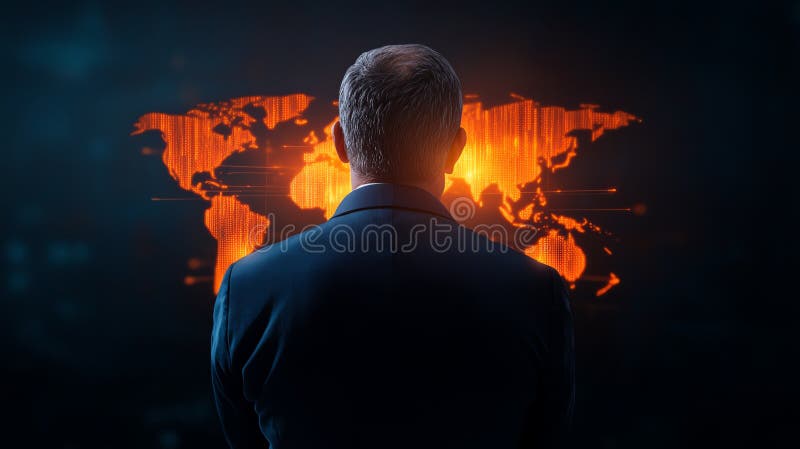 Businessman Observing a World Map with Digital Graphics in a Modern ...