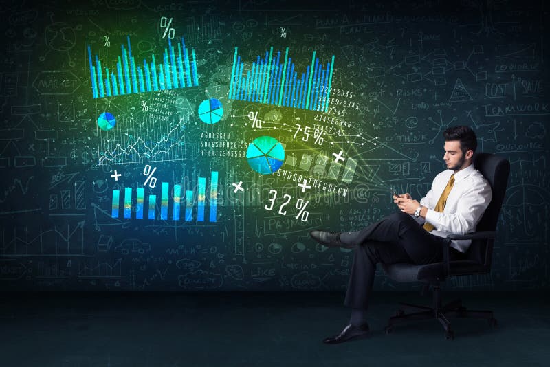 Businessman in Office Chair with Tablet in Hand and High Tech Gr Stock ...