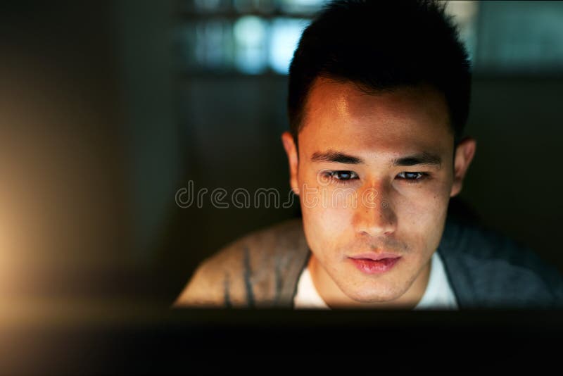 Businessman, Office and Face by Computer at Night with Research ...