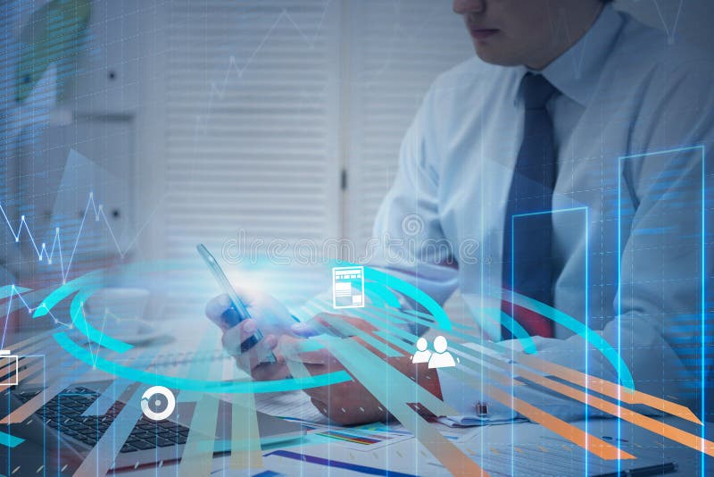 Businessman in Office, Internet Icons and Graph Stock Image - Image of ...