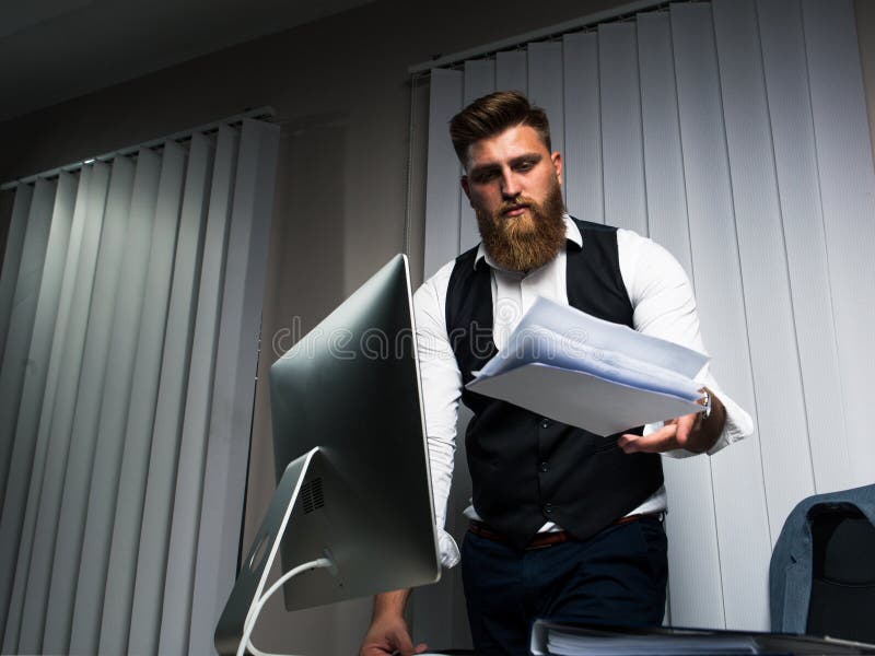 Businessman in Office Late Night Work End of Day Stock Image - Image of ...