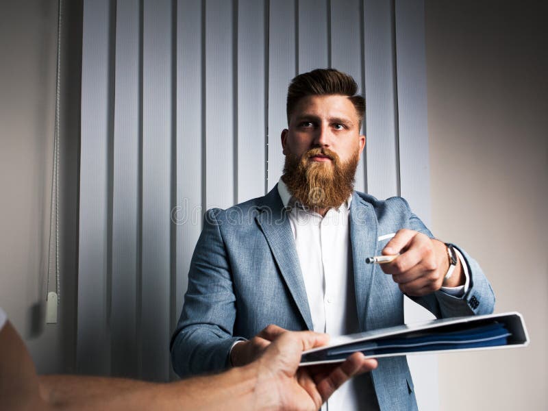 Businessman in Office Late Night Work Signning Contract Stock Photo ...