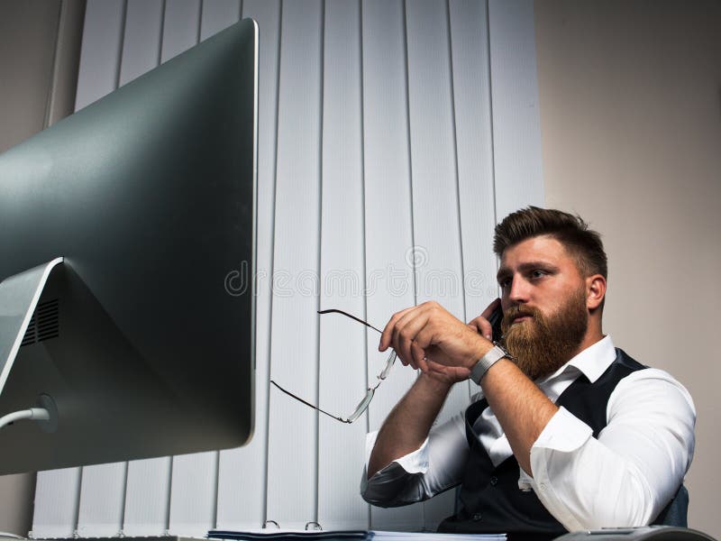 Businessman in Office Late Night Work Talking on Phone Stock Image ...