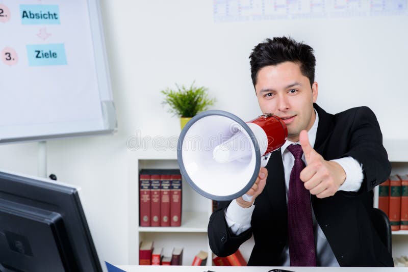 Businessman Office Shouting Megaphone Shows Thumb U Stock Photos - Free ...