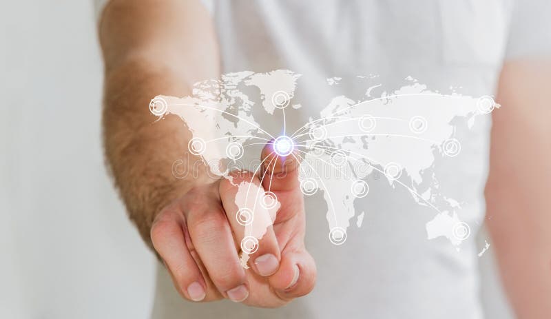 Businessman in Office Touching Digital World Map Stock Illustration ...