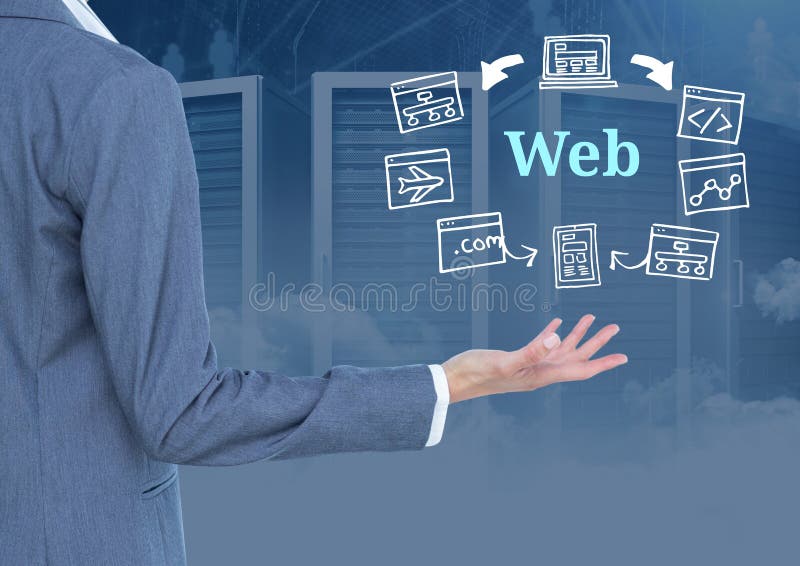 Businessman with Open Hand and Web Text with Drawings Graphics Stock ...