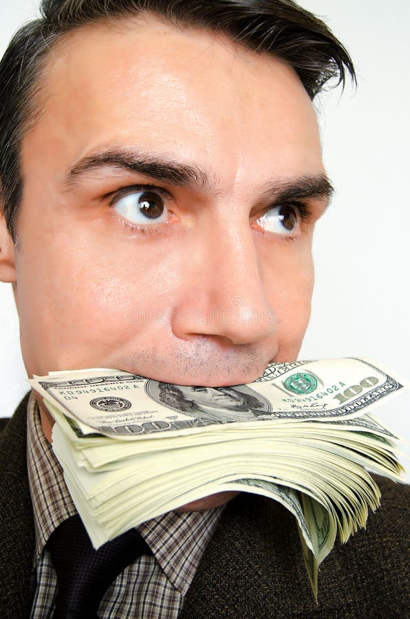 Businessman with Pack of Dollars in a Mouth. Stock Photo - Image of ...