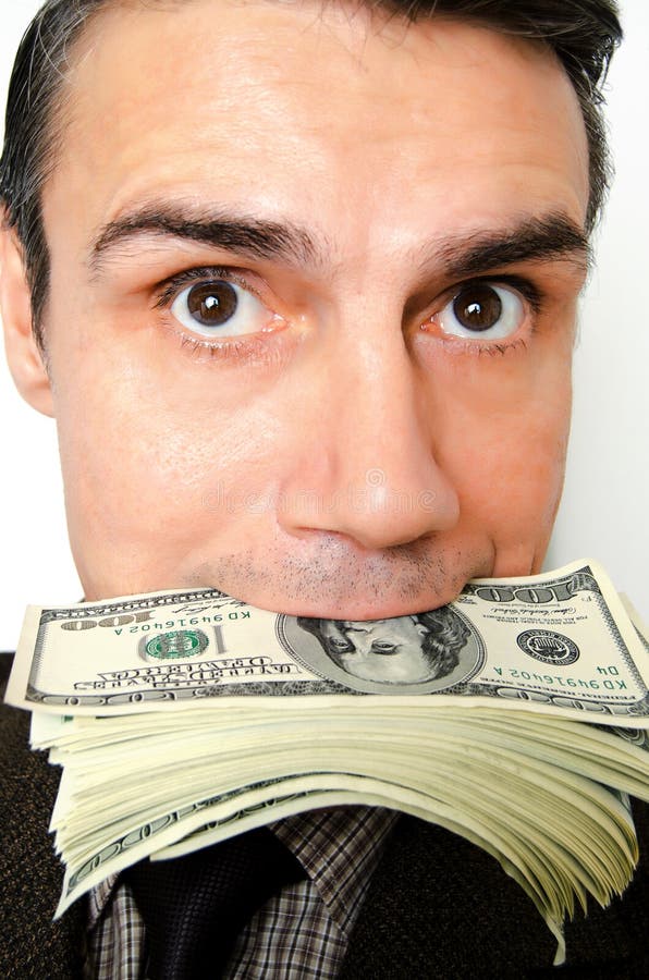 Businessman with Pack of Dollars in a Mouth. Stock Photo - Image of ...