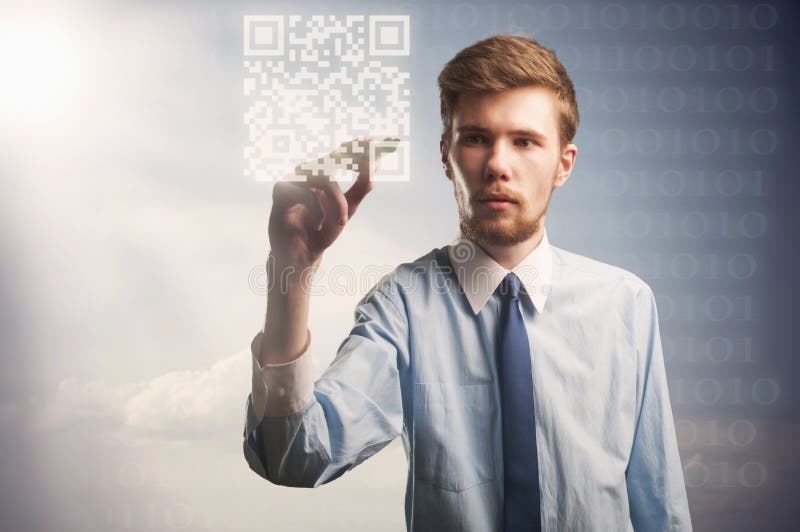 Businessman Painting Qr Code Stock Photo - Image of press, construction ...