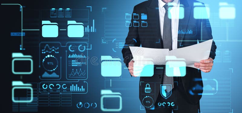 Businessman with Papers, Document Management System Hologram with ...