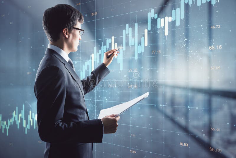 Businessman with Papers in Hand Working with Virtual Financial Chart ...